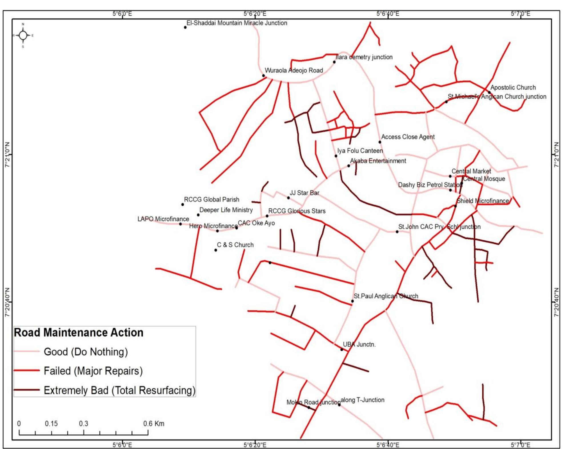 Map showing road maintenance action needed in study area