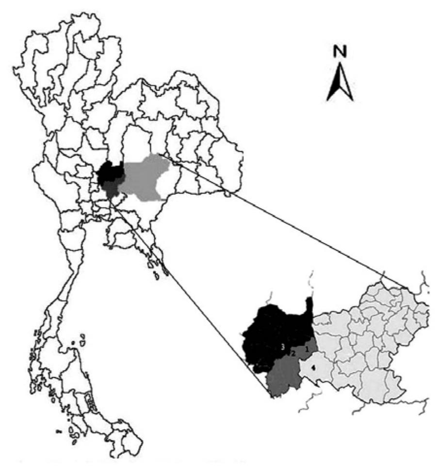 Map of thailand showing the districts where farms were
