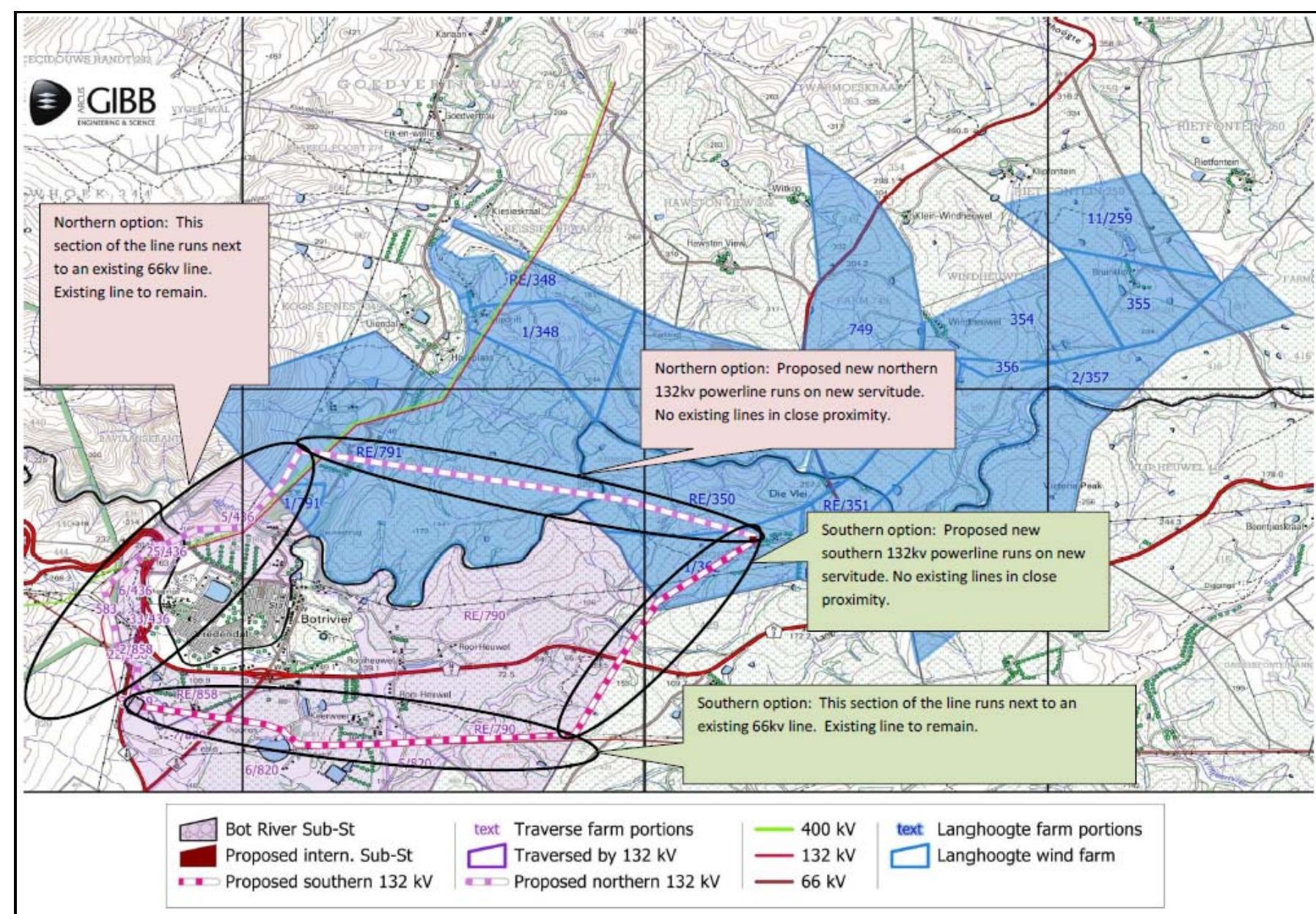 Map showing the two alternative powerline routes from the