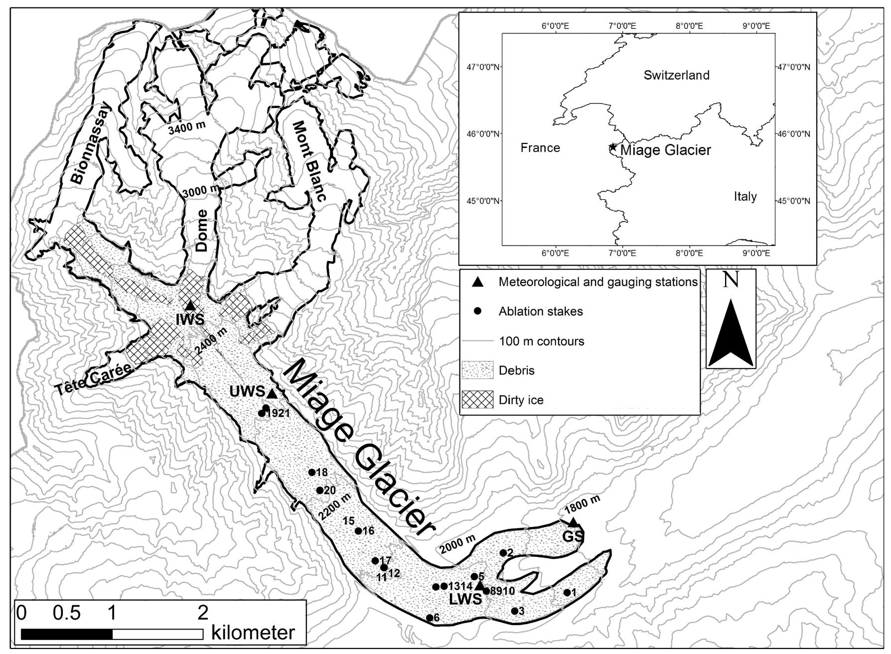 Location map of miage glacier, showing the positions of the