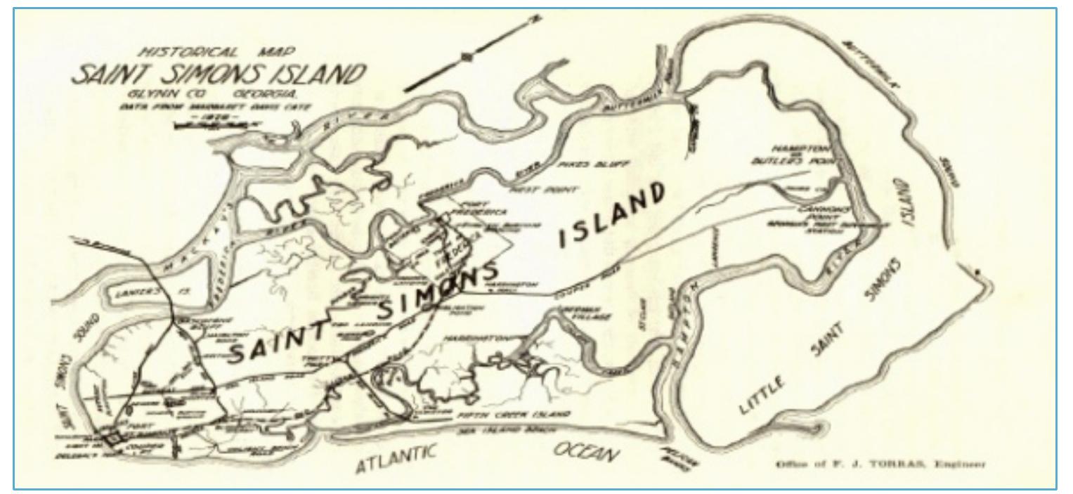- map of st. simons island (stevens, 1847 - source: