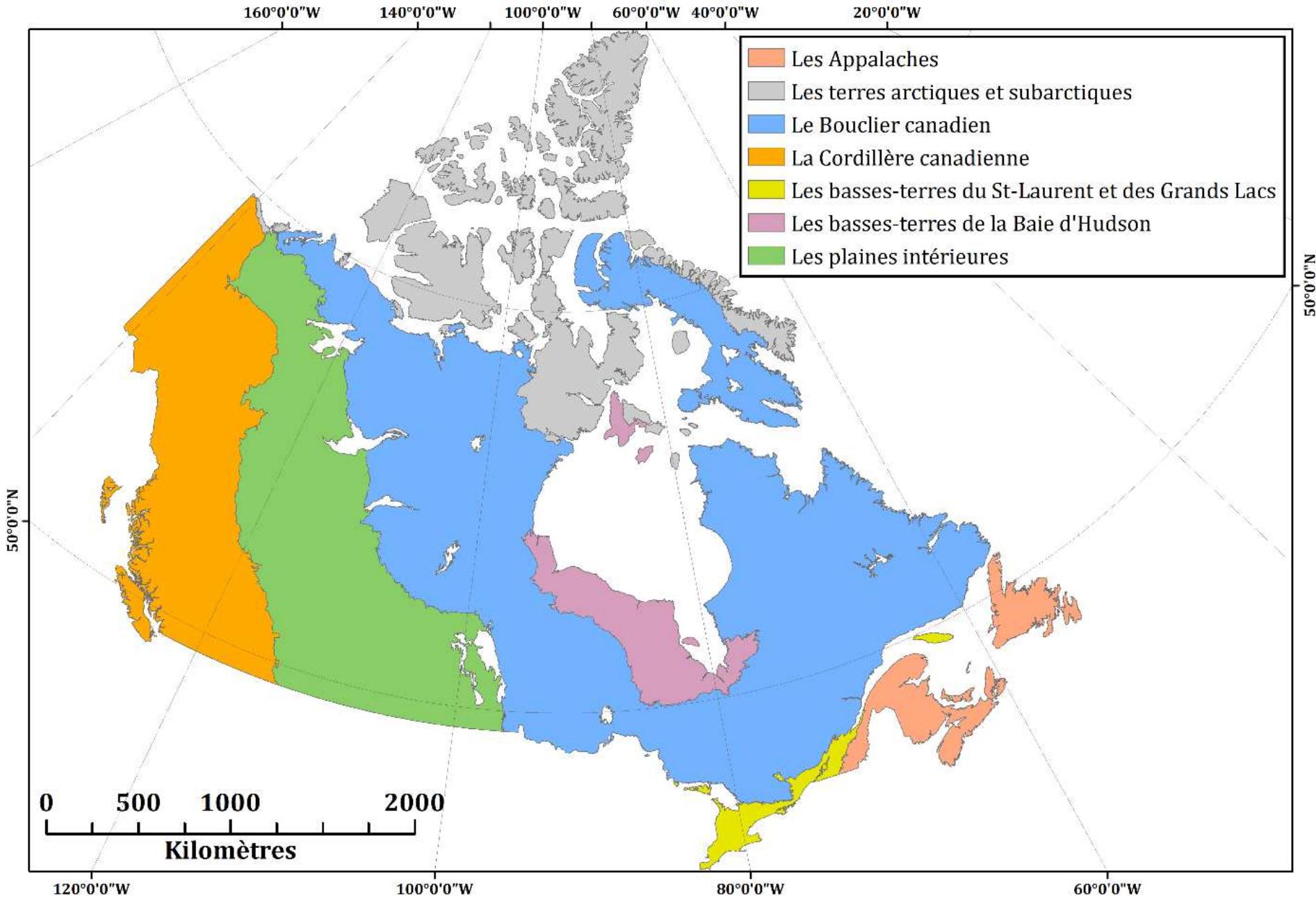 Cartographie des sept grandes régions physiographiques du