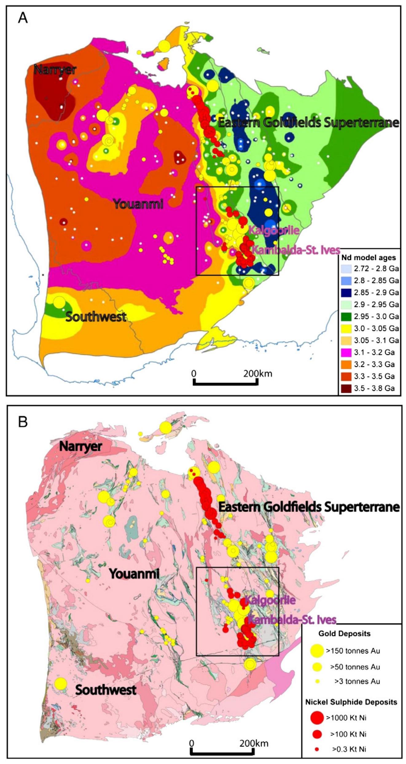 A. map of neodymium model ages for low-calcium granites