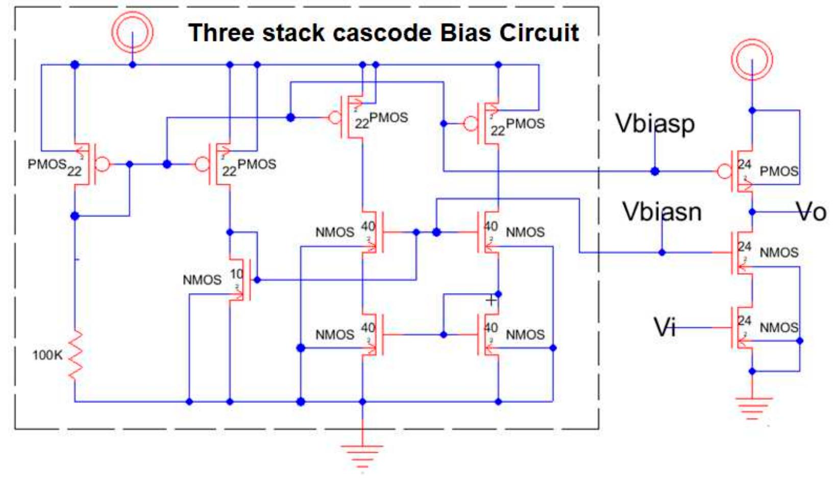 A three stack cascode amplifier schematic using cmos 500 nm