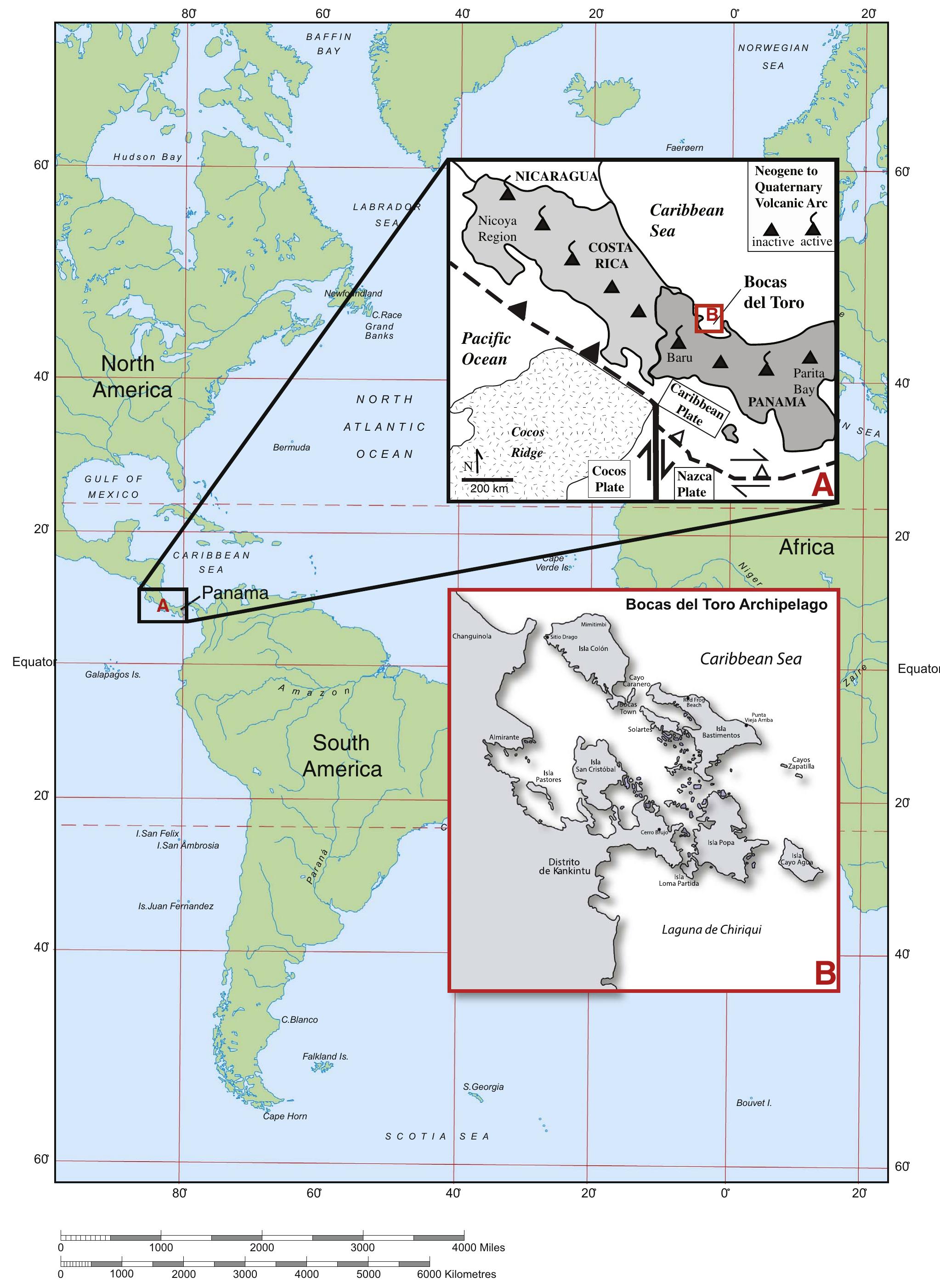 Location map showing the bocas del toro study area, tectonic