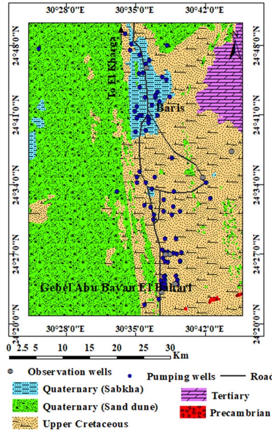 Map shows the main geological units in the study area