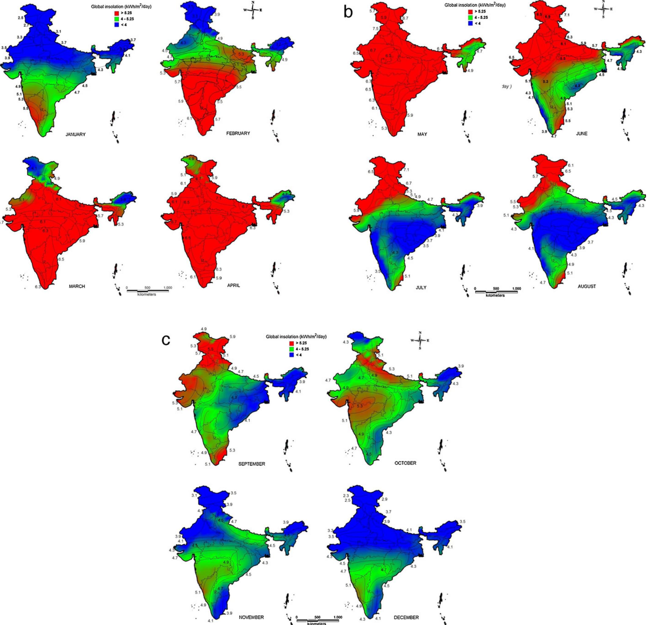 (a) monthly average global insolation maps of india detailed