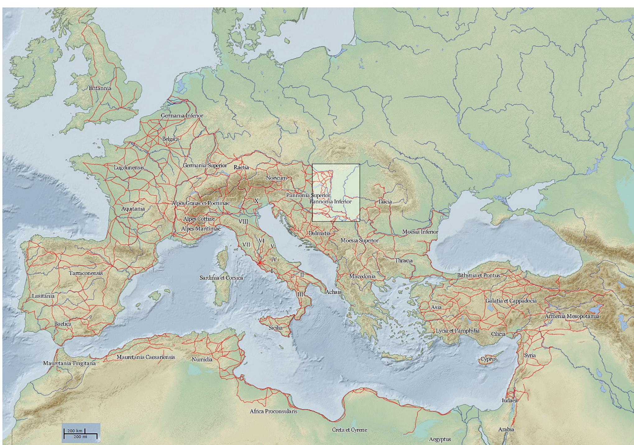 Map of the roman empire with the pannonian area marked