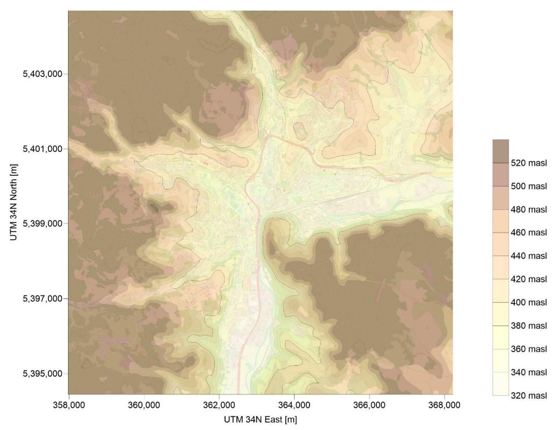Topographic map of banska bystrica with elevation contours