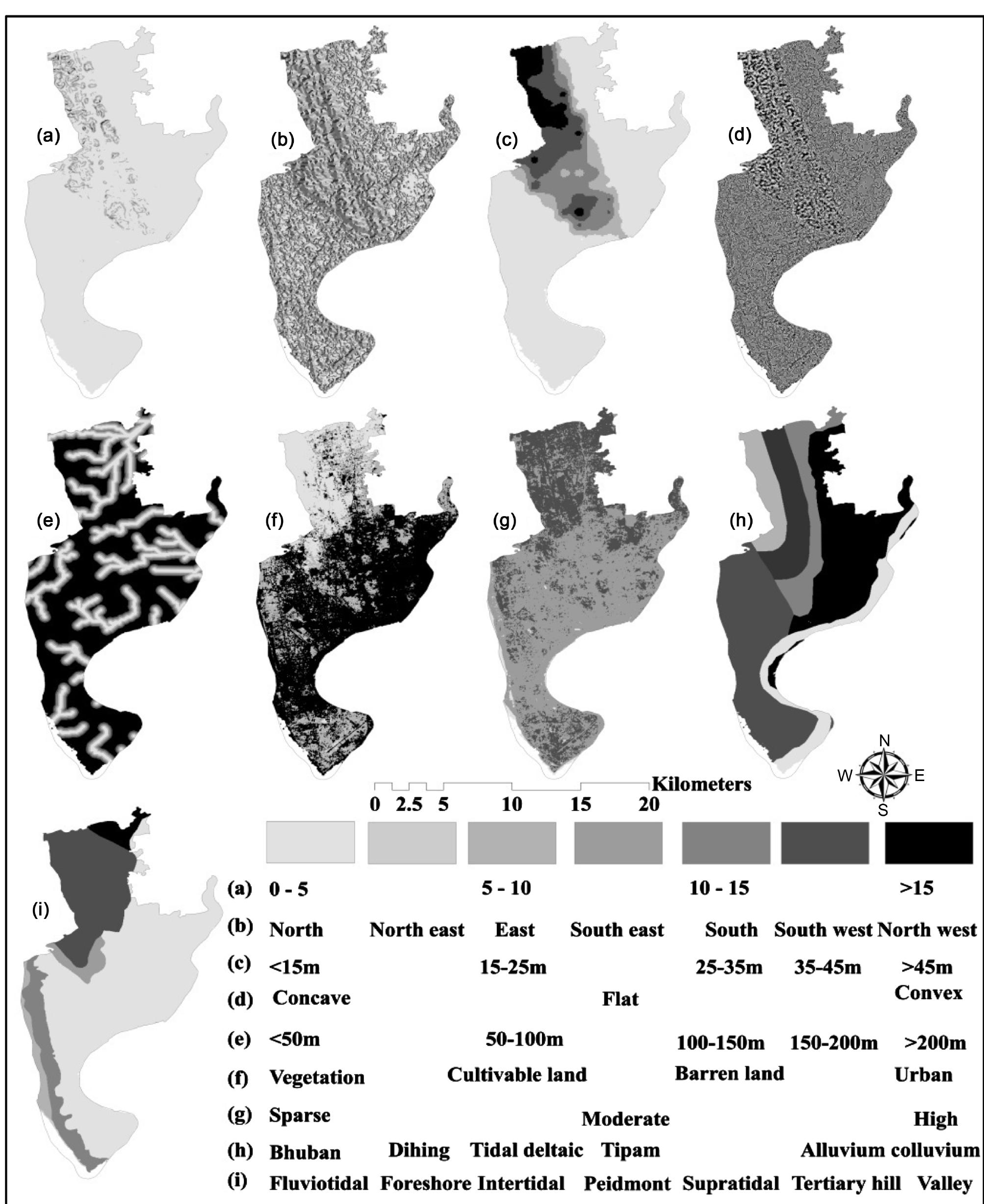 Showing (a) slope map, (b) aspect map, (c) relative relief