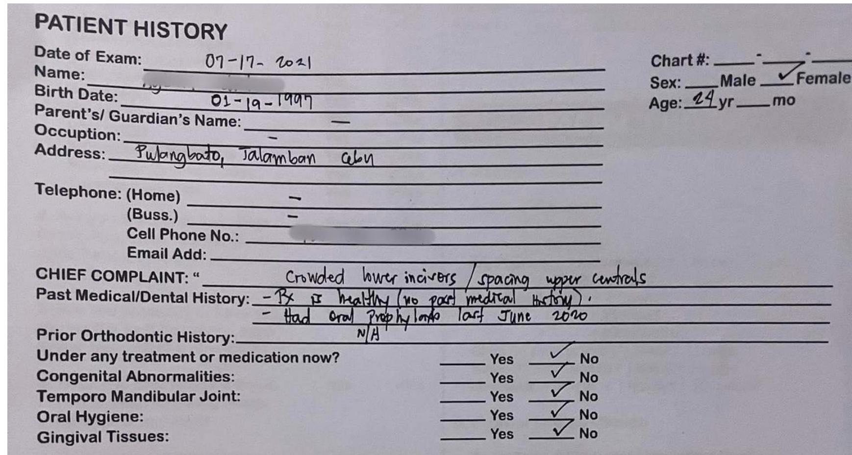Patient's dental chart indicating the chief complaint 2|