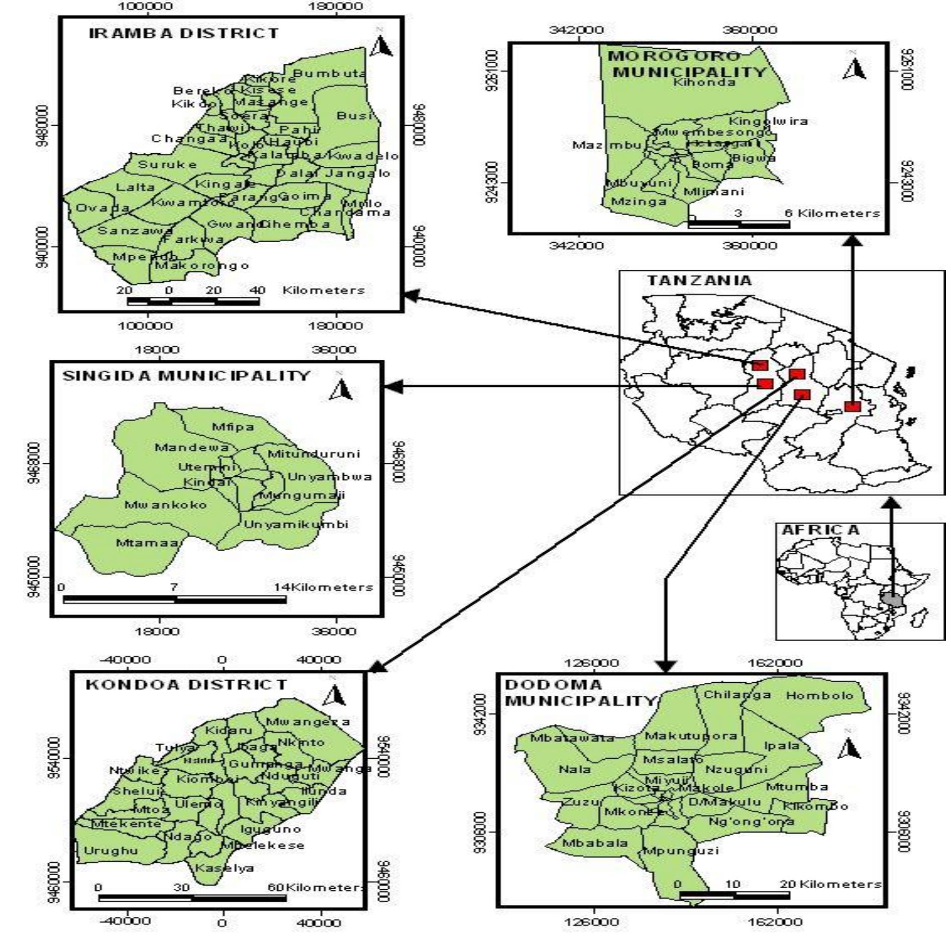 Map of tanzania showing study regions and districts