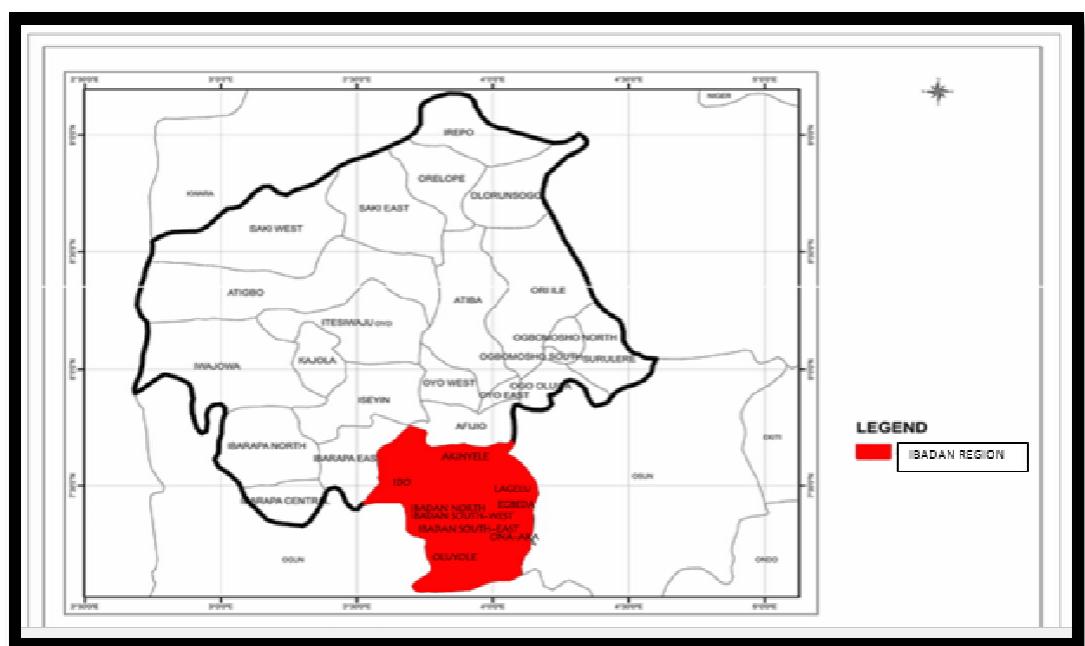 Map of oyo state showing the 11 local government areas