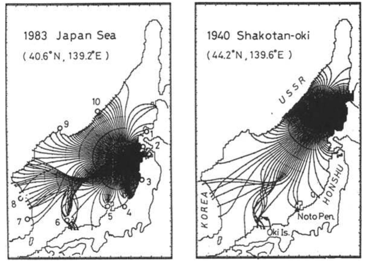 Ray tracing for tsunamis in the japan sea. rays are