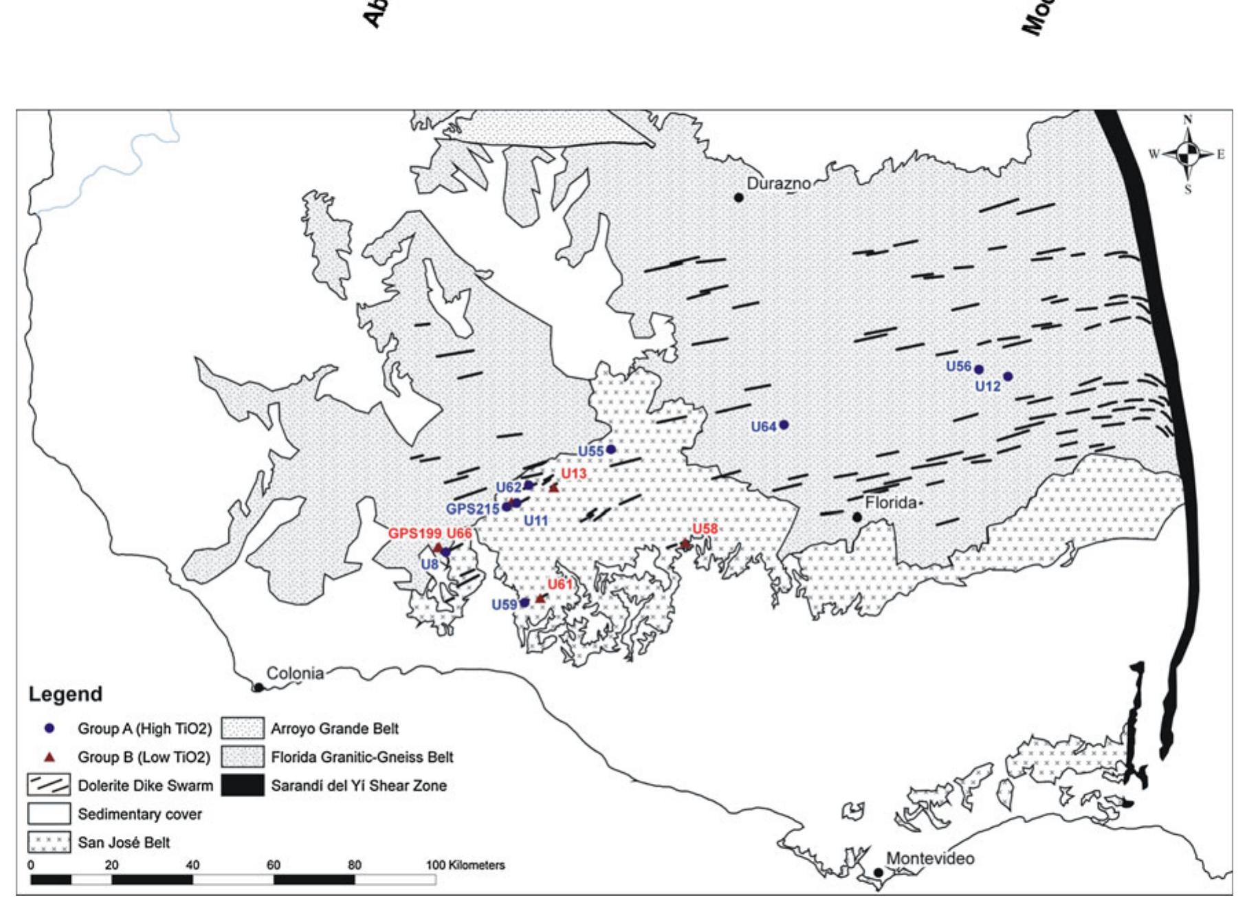 Geological map with sampled quarries (map redrawn after