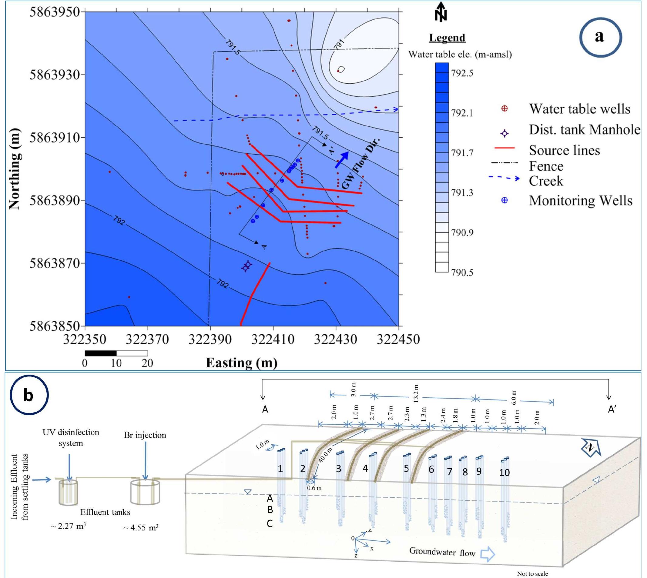 (a) map of wastewater infiltration field showing location of