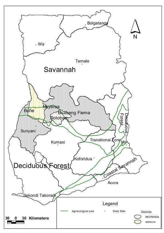 Map of ghana showing location of research communities the