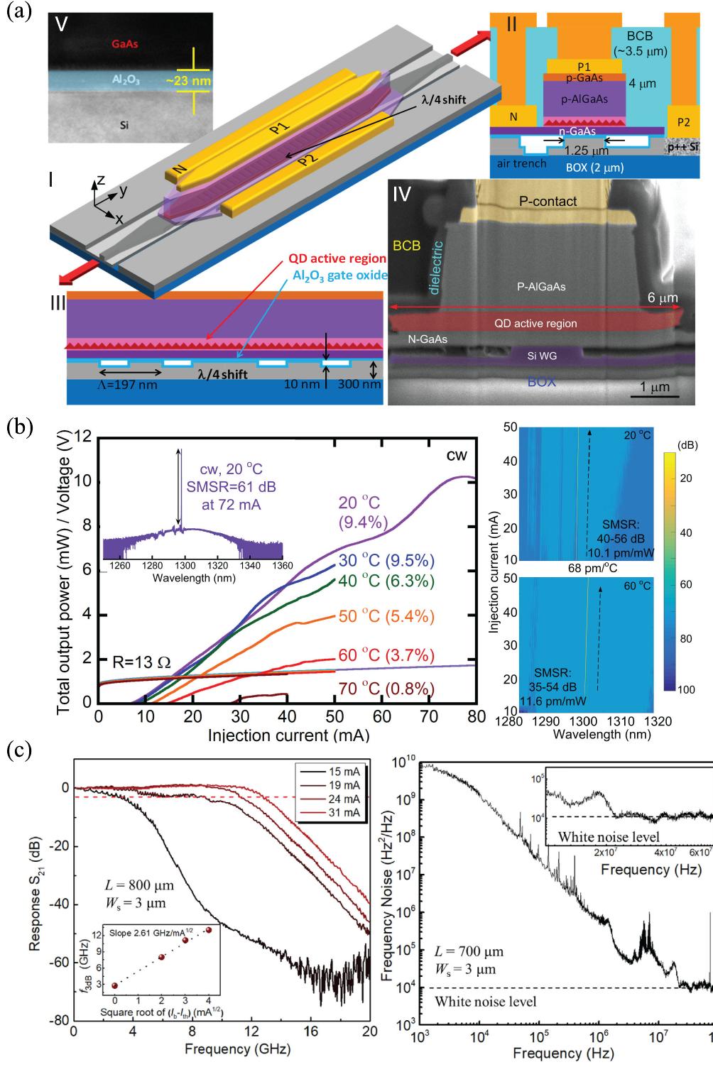 (a) device schematic of a gaas/si qd dfb laser in different