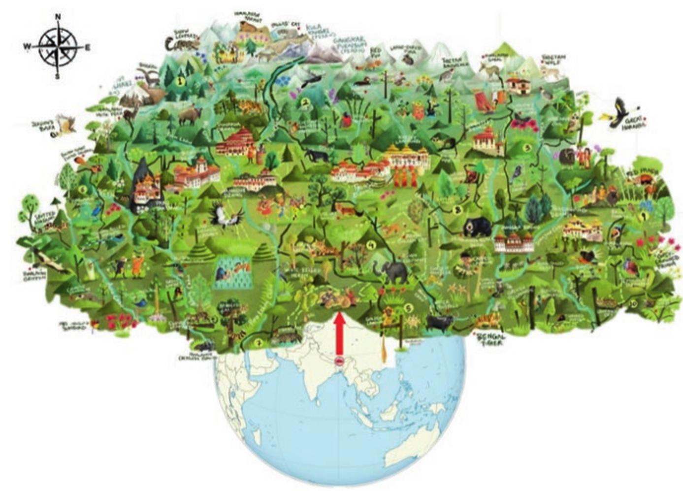 Map of bhutan showing rich biodiversity (photo. wwf office,
