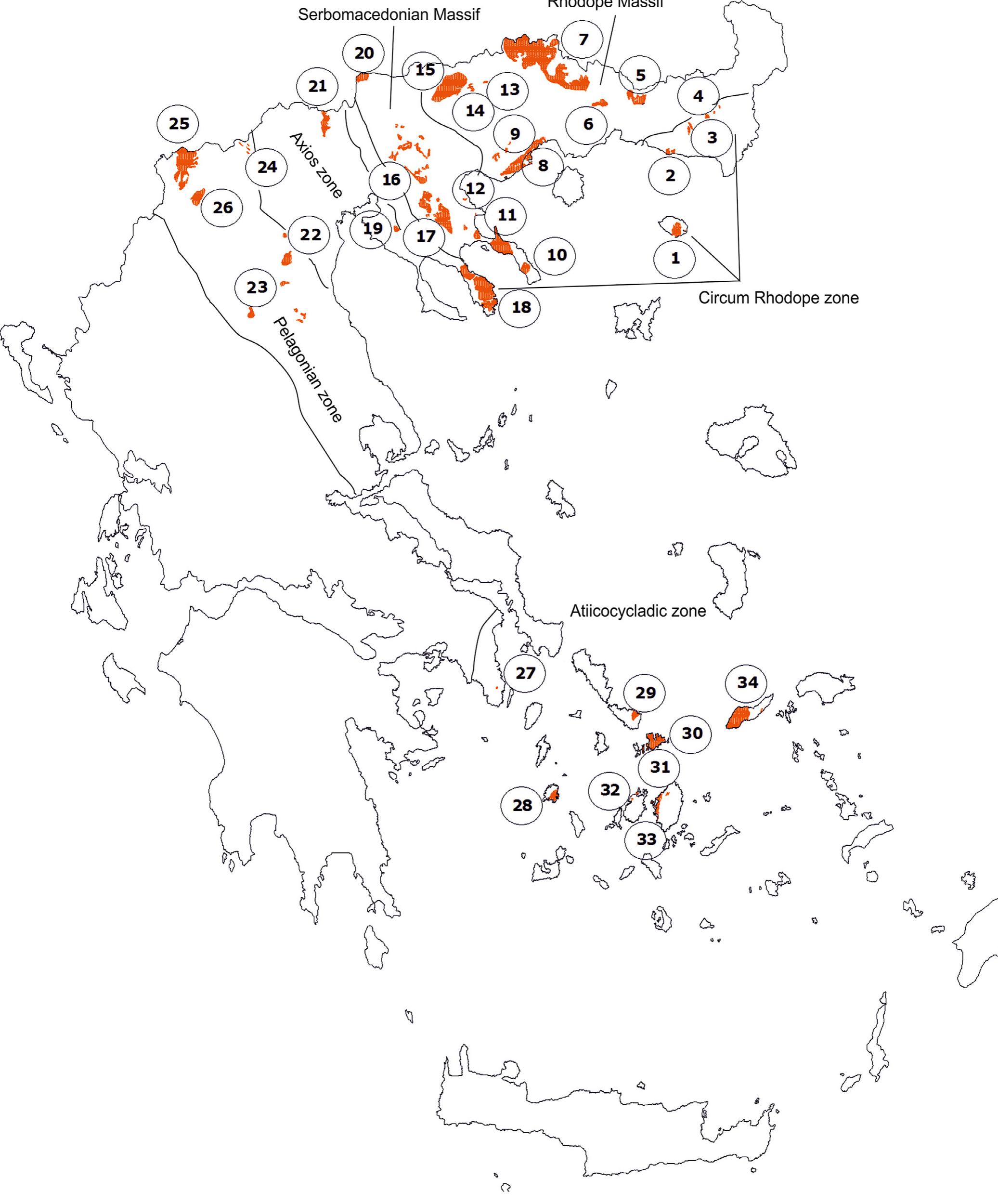 Sketch map of greece with the location of the plutons from