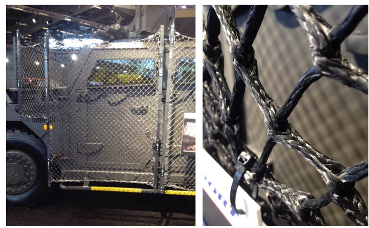 Polymer fibre-based net cage armour mounted on a light