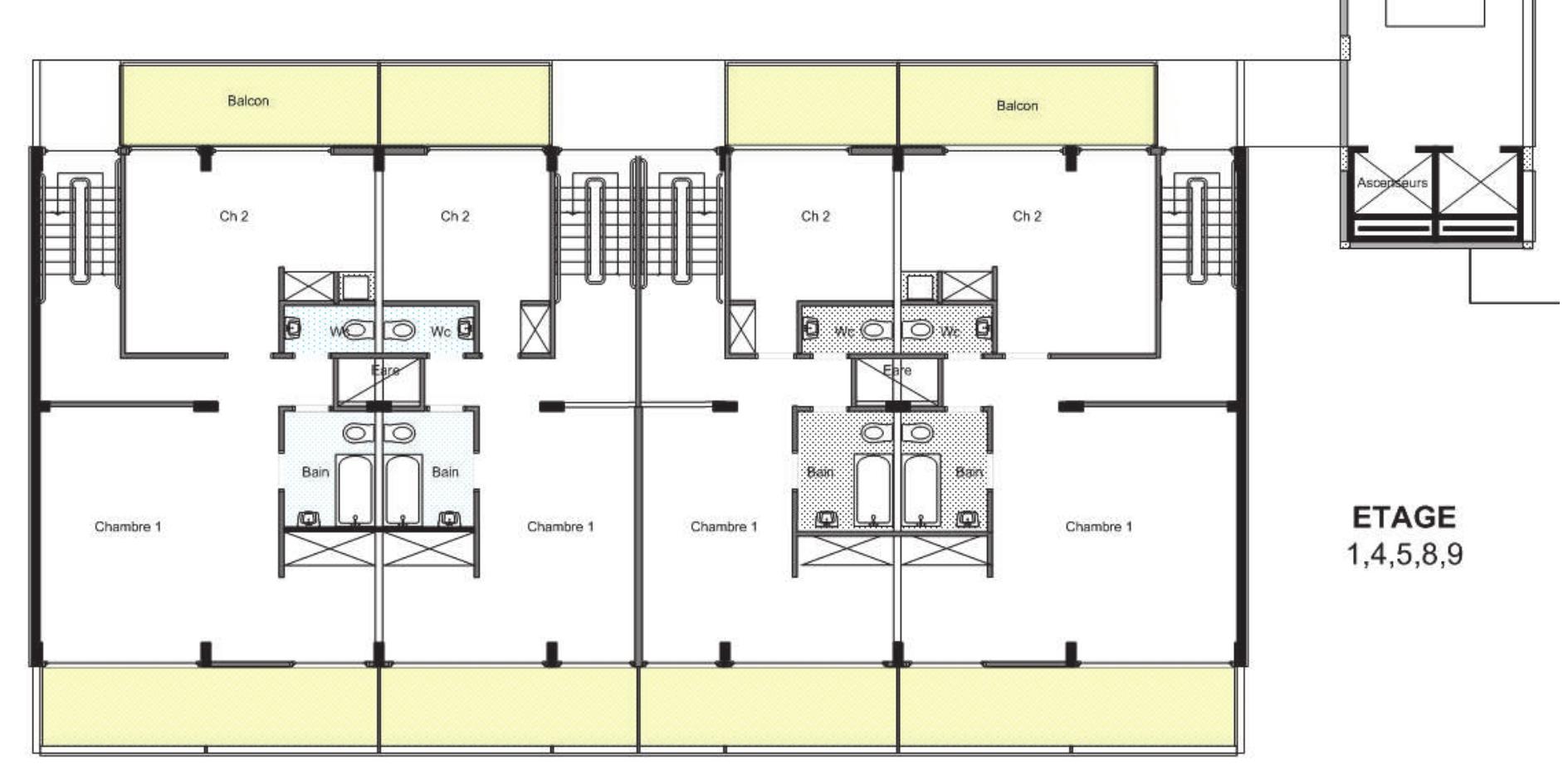 Plan view 1%, 4", 5", 8 and 9 floor. source: tshiunza (2020)
