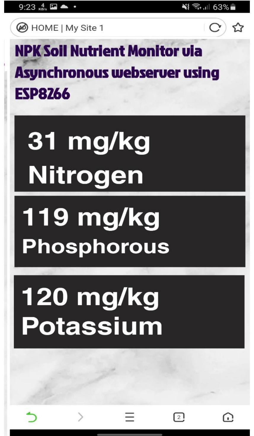 Webpage for displaying npk sensor data iv.soil nutrient