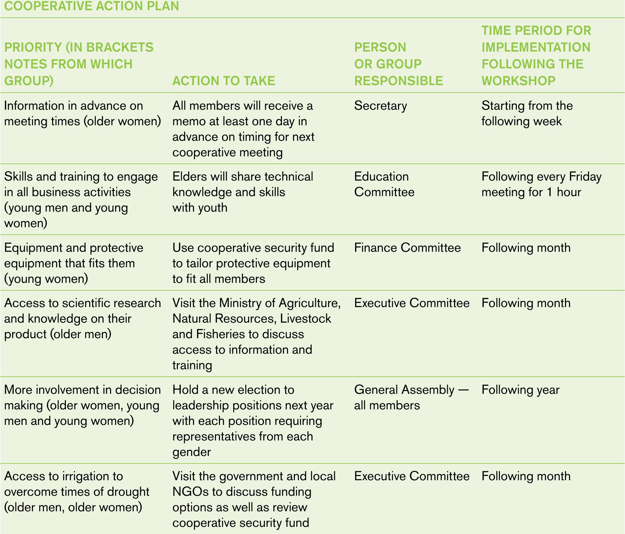 Summary of action plans from across the three cooperatives