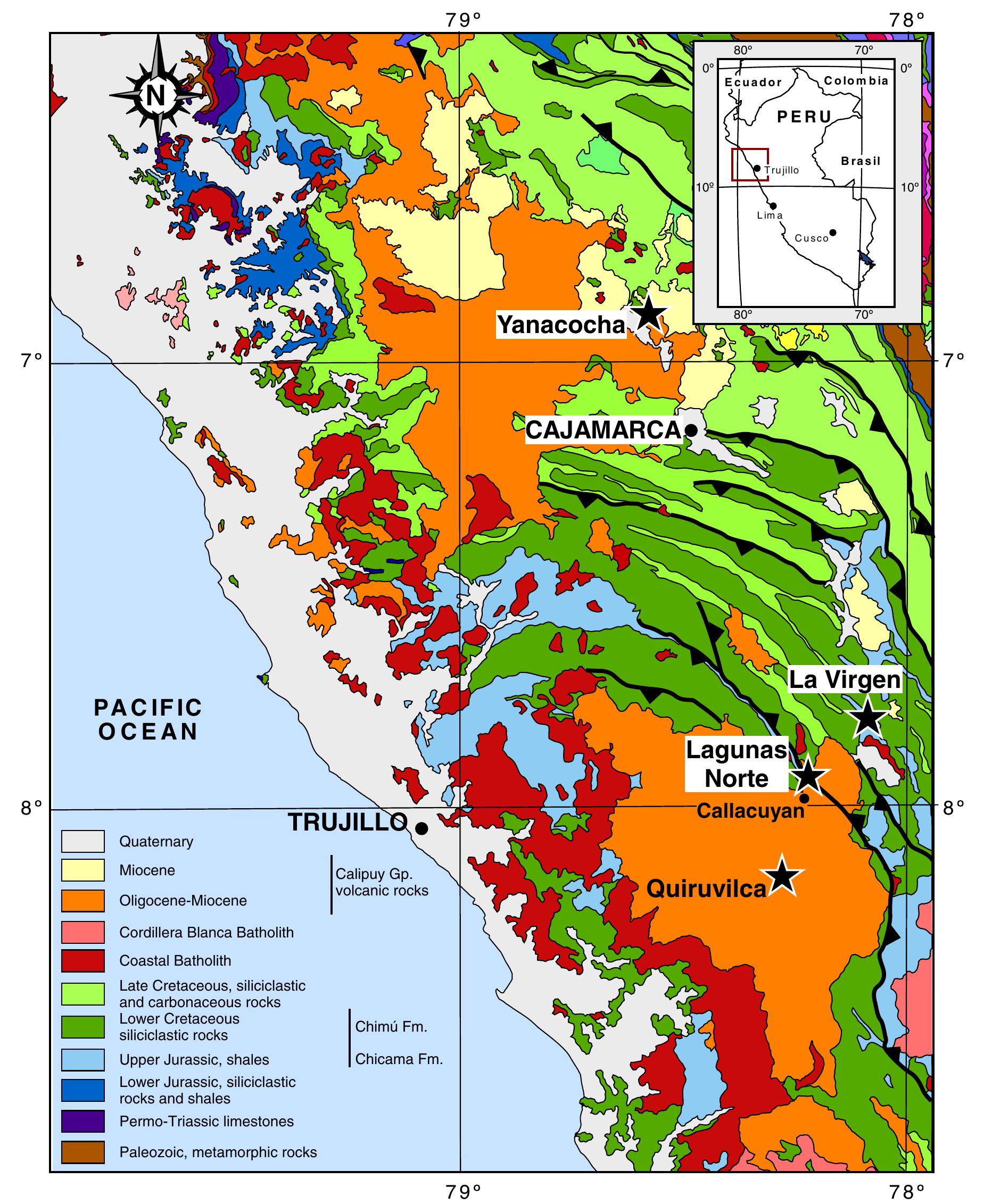 Simplified geological map of northwestern peru and locations