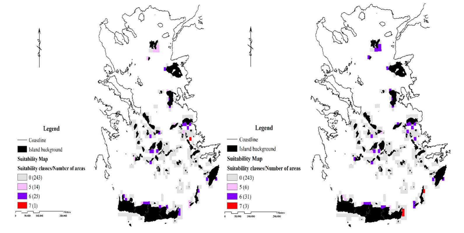 Suitability maps of two scenarios. from left to right: