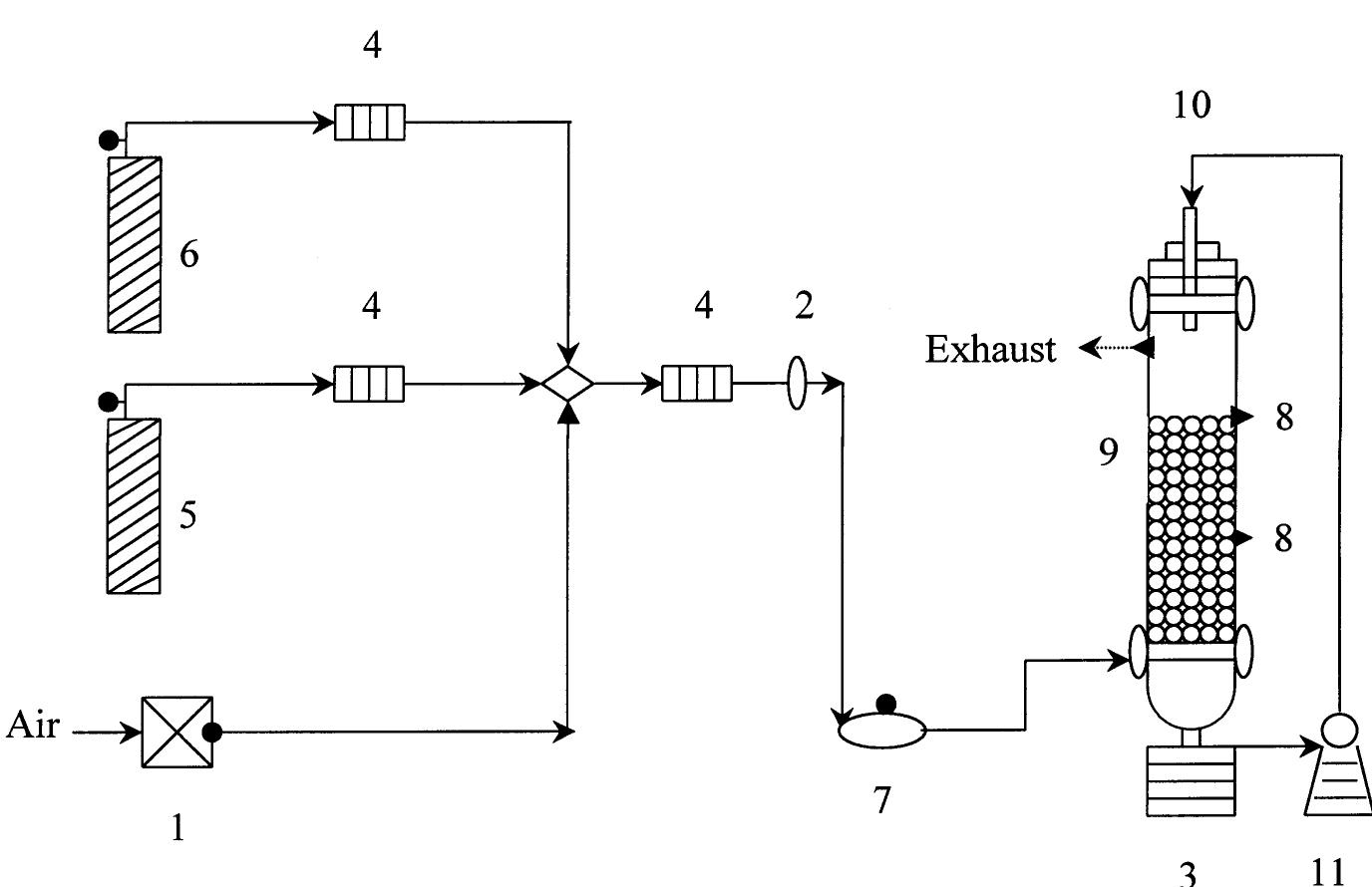 Schematic of the lab scale biofilter: (1) air compressor;