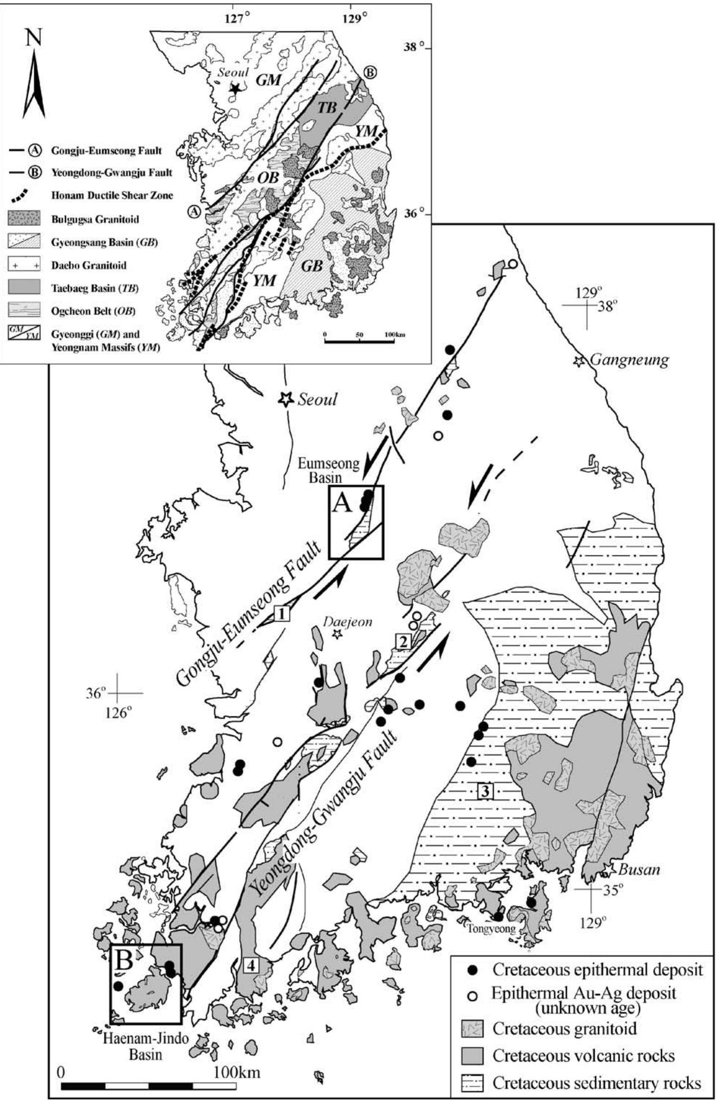 Simplified geologic map of the south korea, showing the