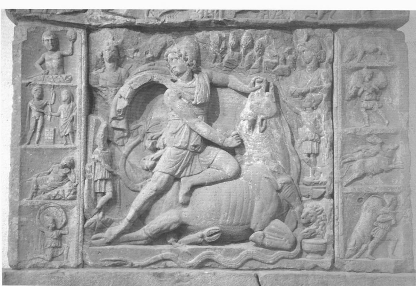 1: mithras-relief, red sandstone, second century ab, from
