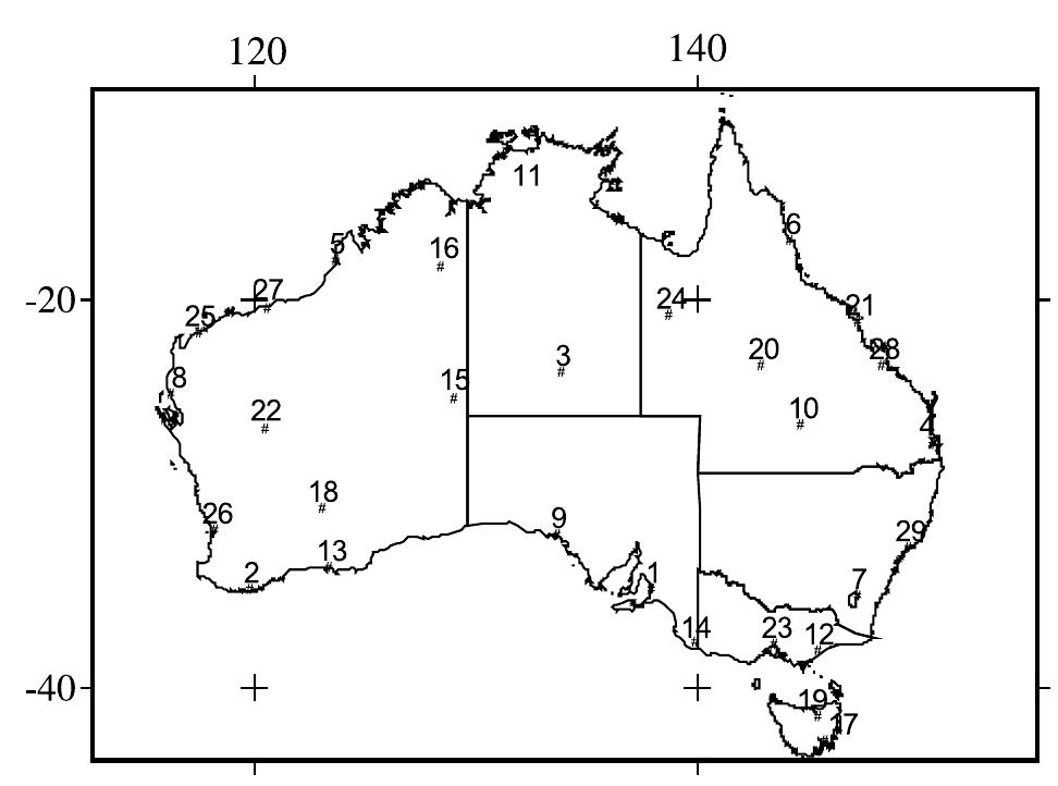 Map of the australian continent showing the loca- tion of 29
