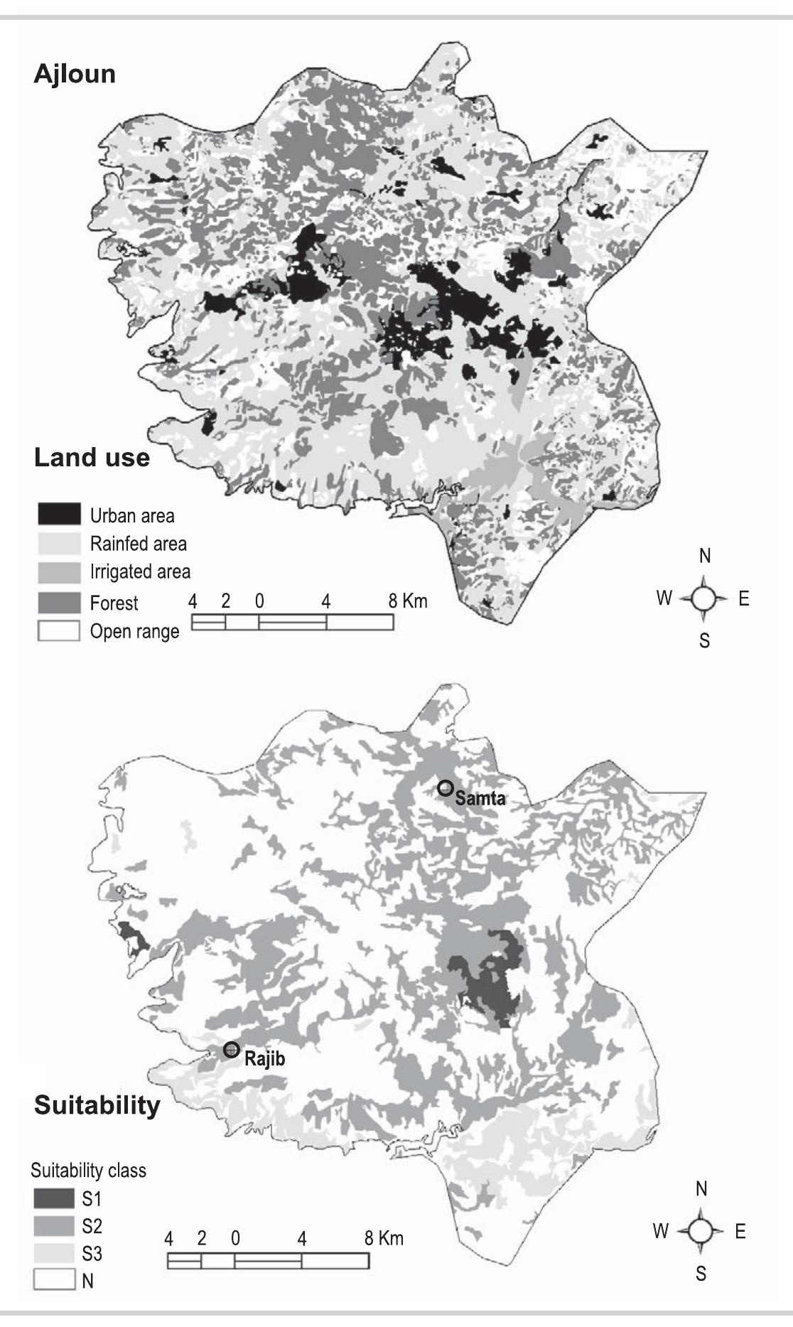 Maps of existing land use (top) and suitability for rainfed