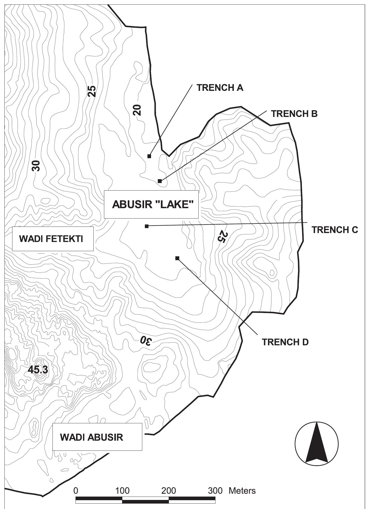 Contour map showing the location of trenches and basic