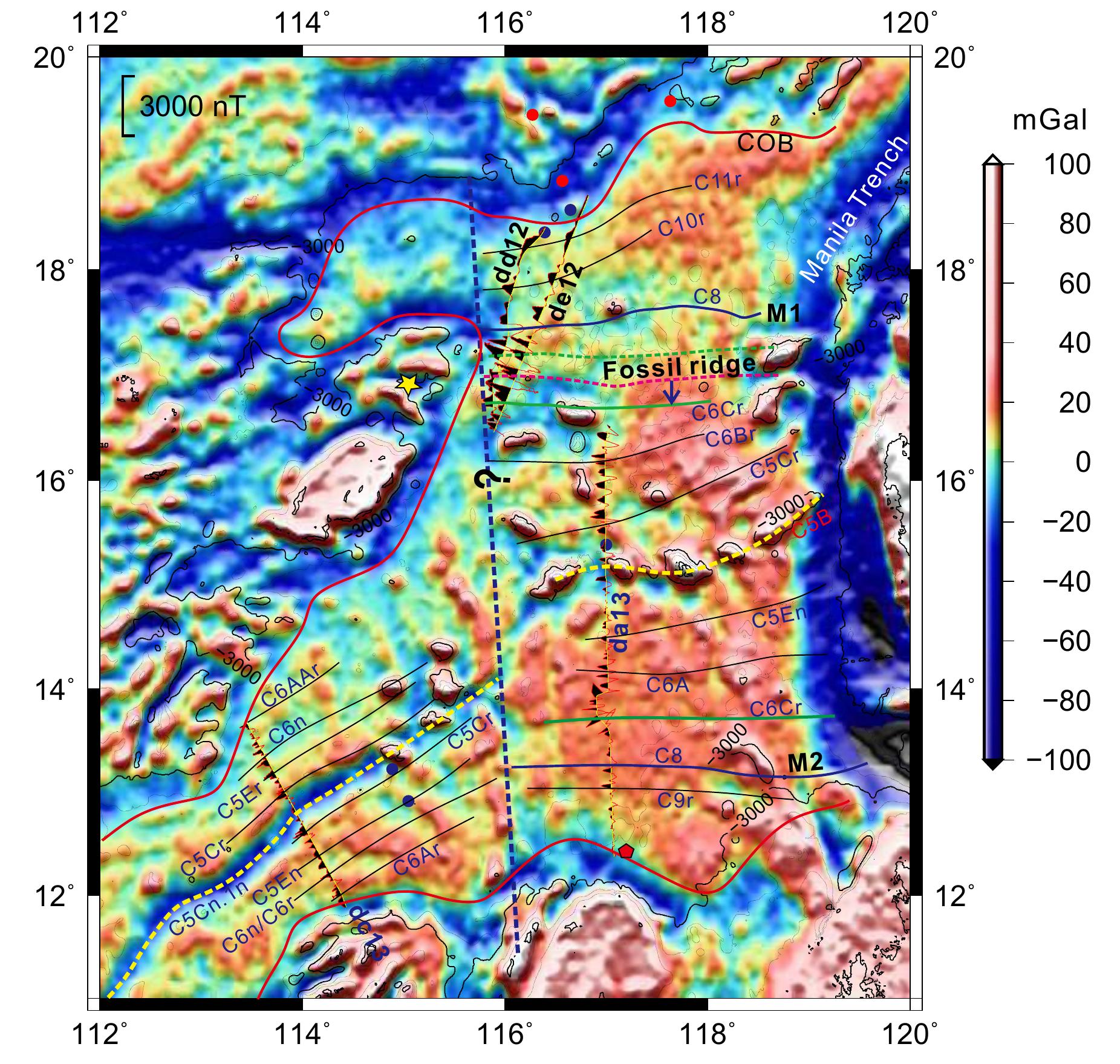 Free-air gravity anomaly map of the scs showing deep tow