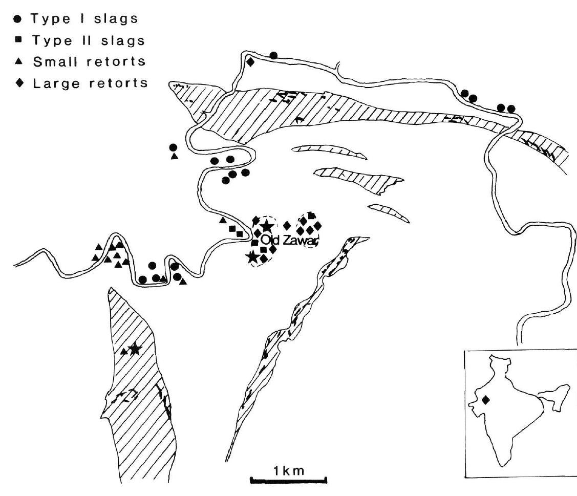 Sketch map showing location of smelting debris at zawar.