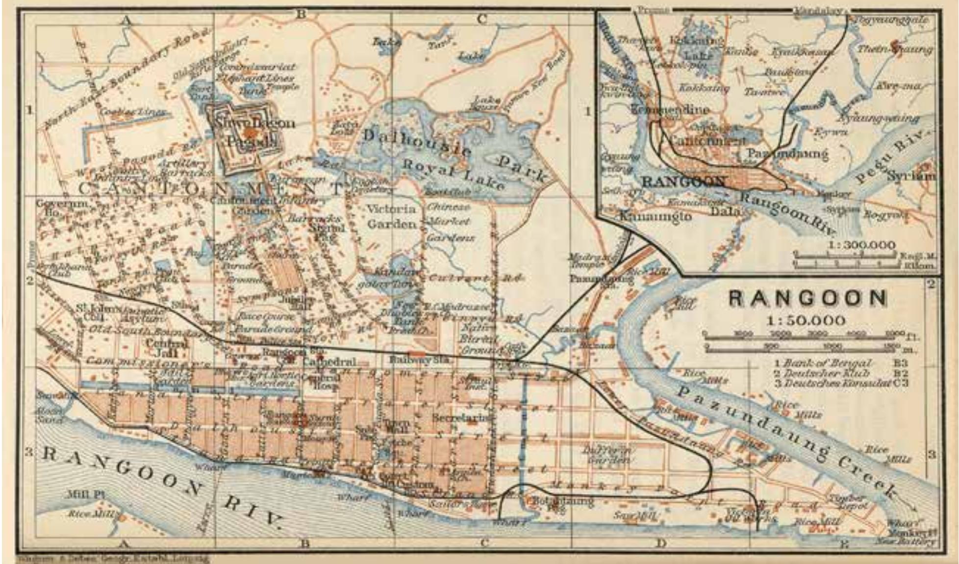 Historic map of rangoon, showing the downtown at the bottom