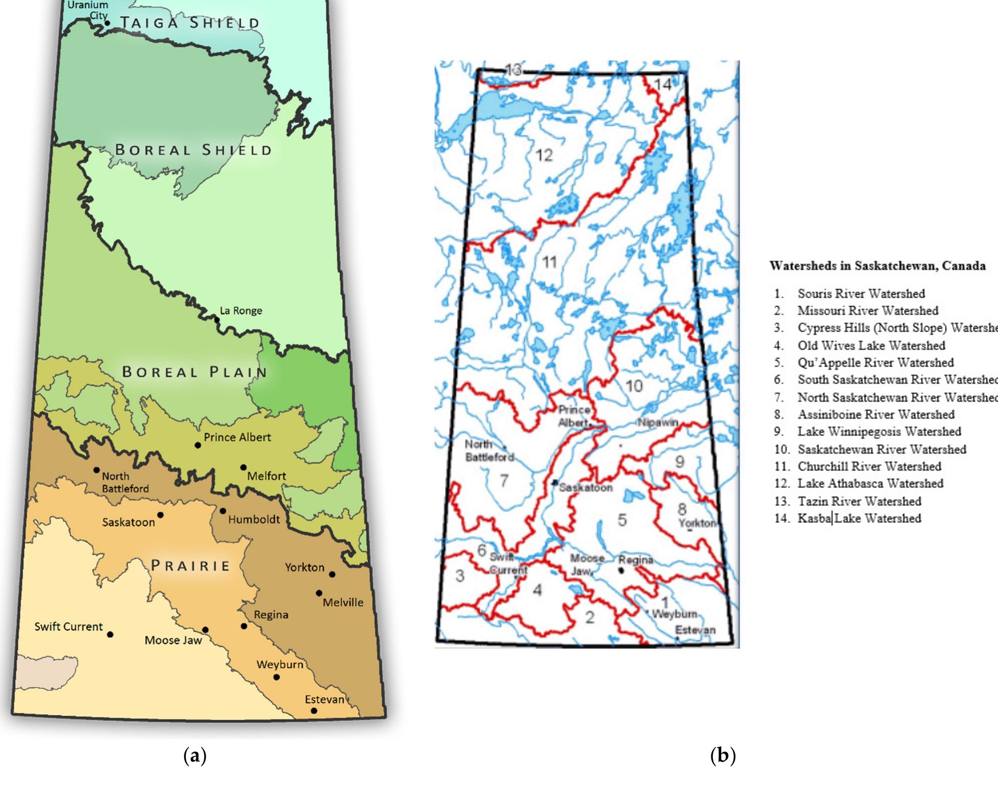 Maps of saskatchewan (a) ecozones and (b) watersheds and