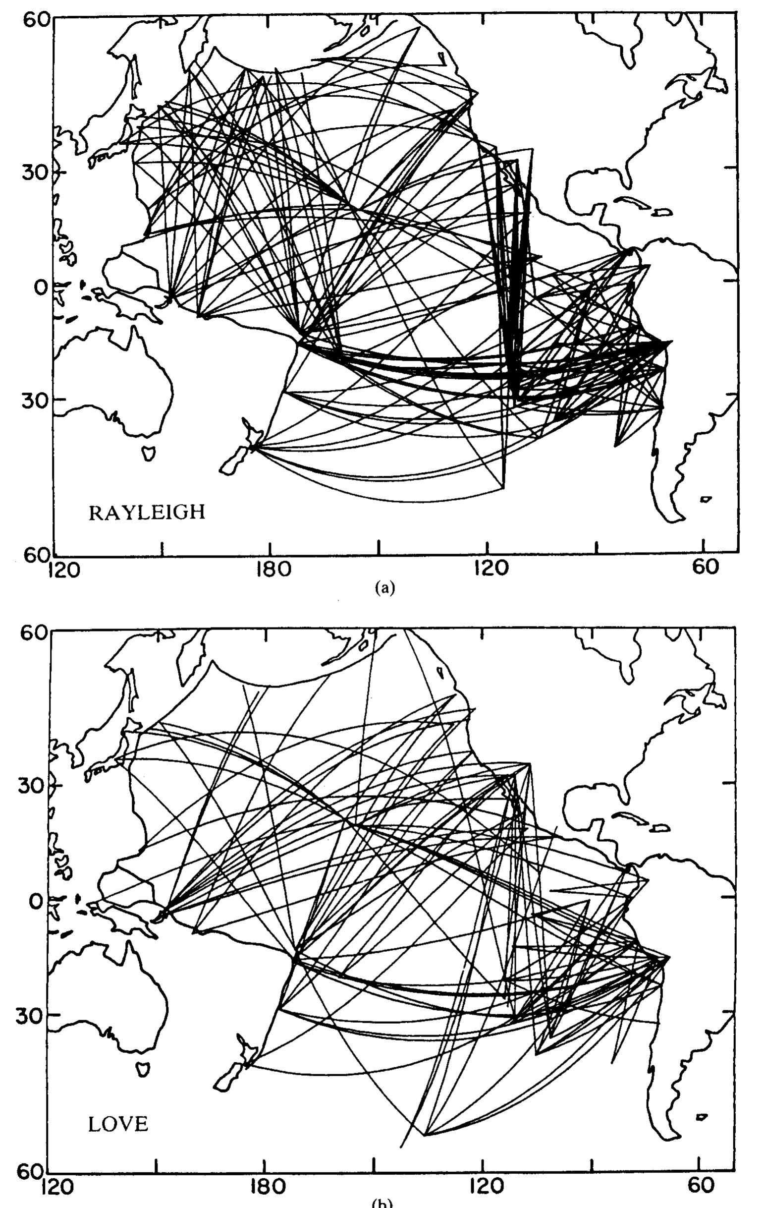 The great circle paths of (a) rayleigh waves and (b) love