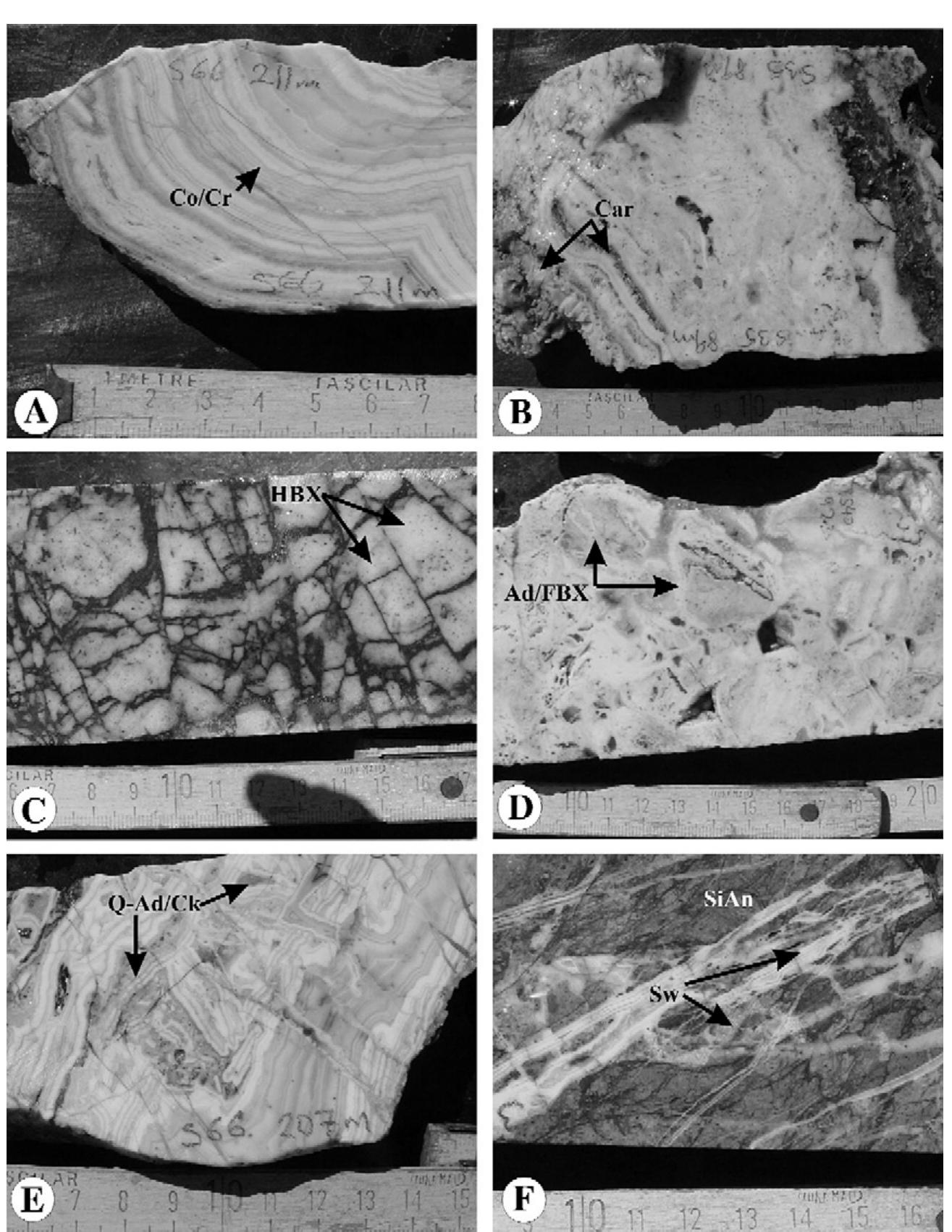 Macroscopic primary epithermal quartz vein textures: a)