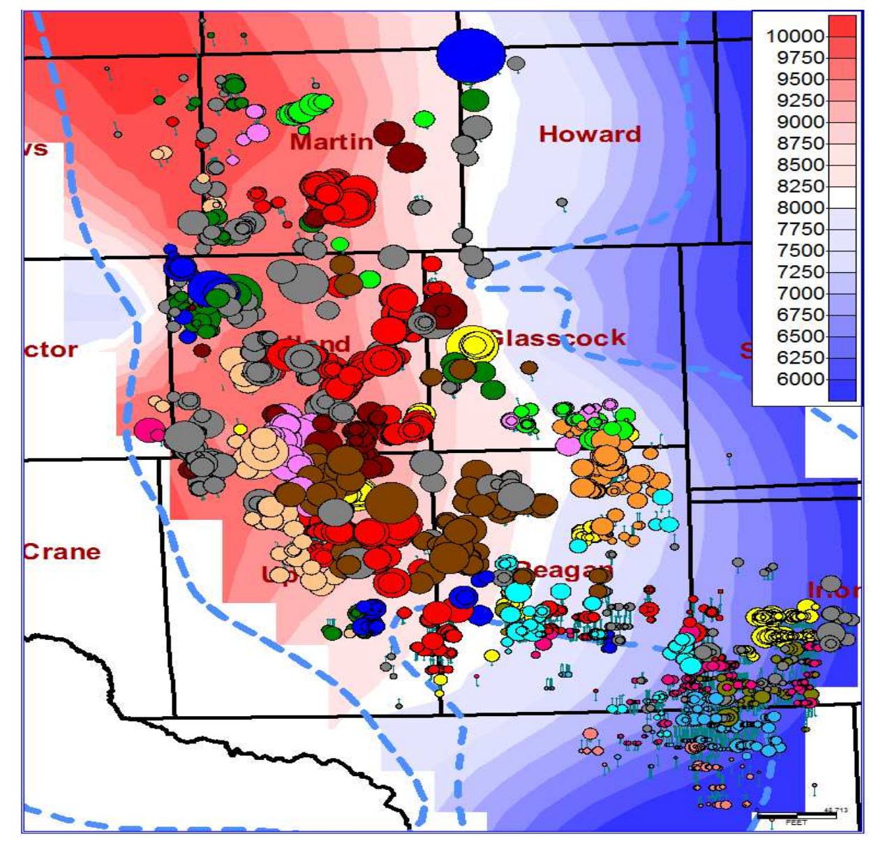Permian basin dataset with tvd contours shown in red/blue