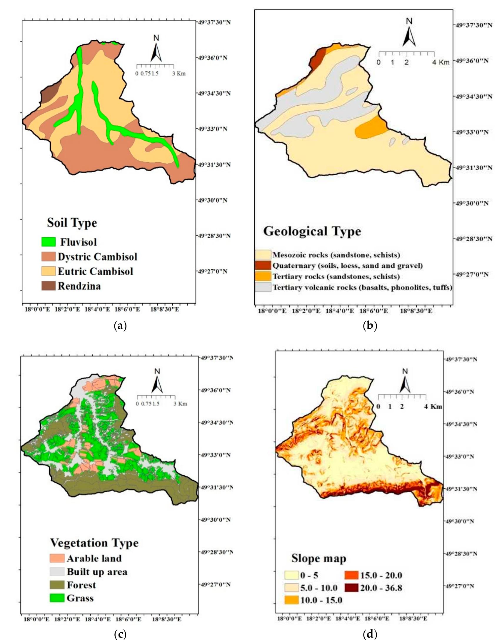 The map of soil types (a), the map of geological types (b),