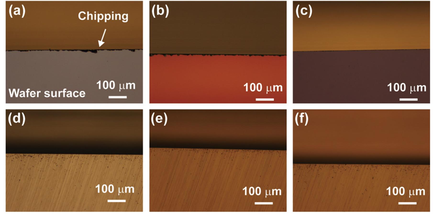 Top view of om images at wafer edge (a)-(c) after edge
