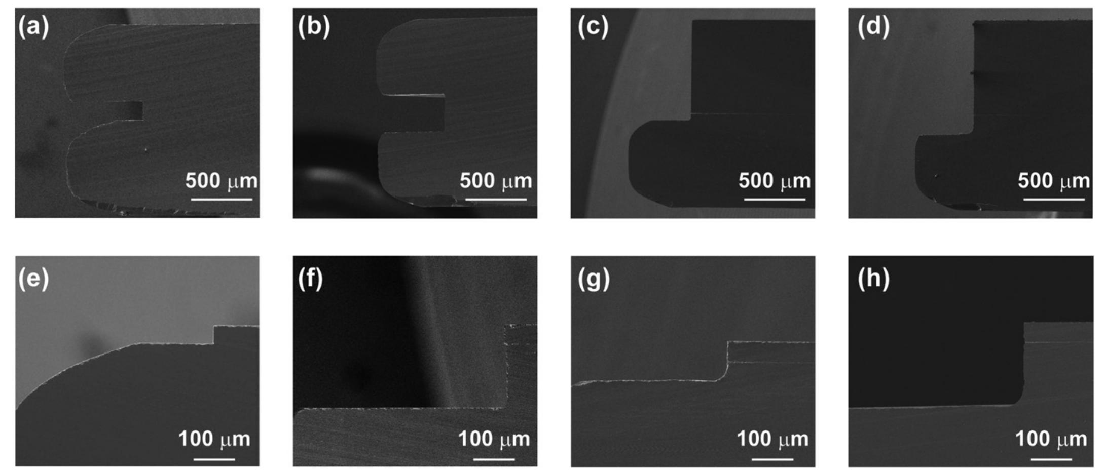 Cross-sectional sem images of wafer edge (a)-(d) after