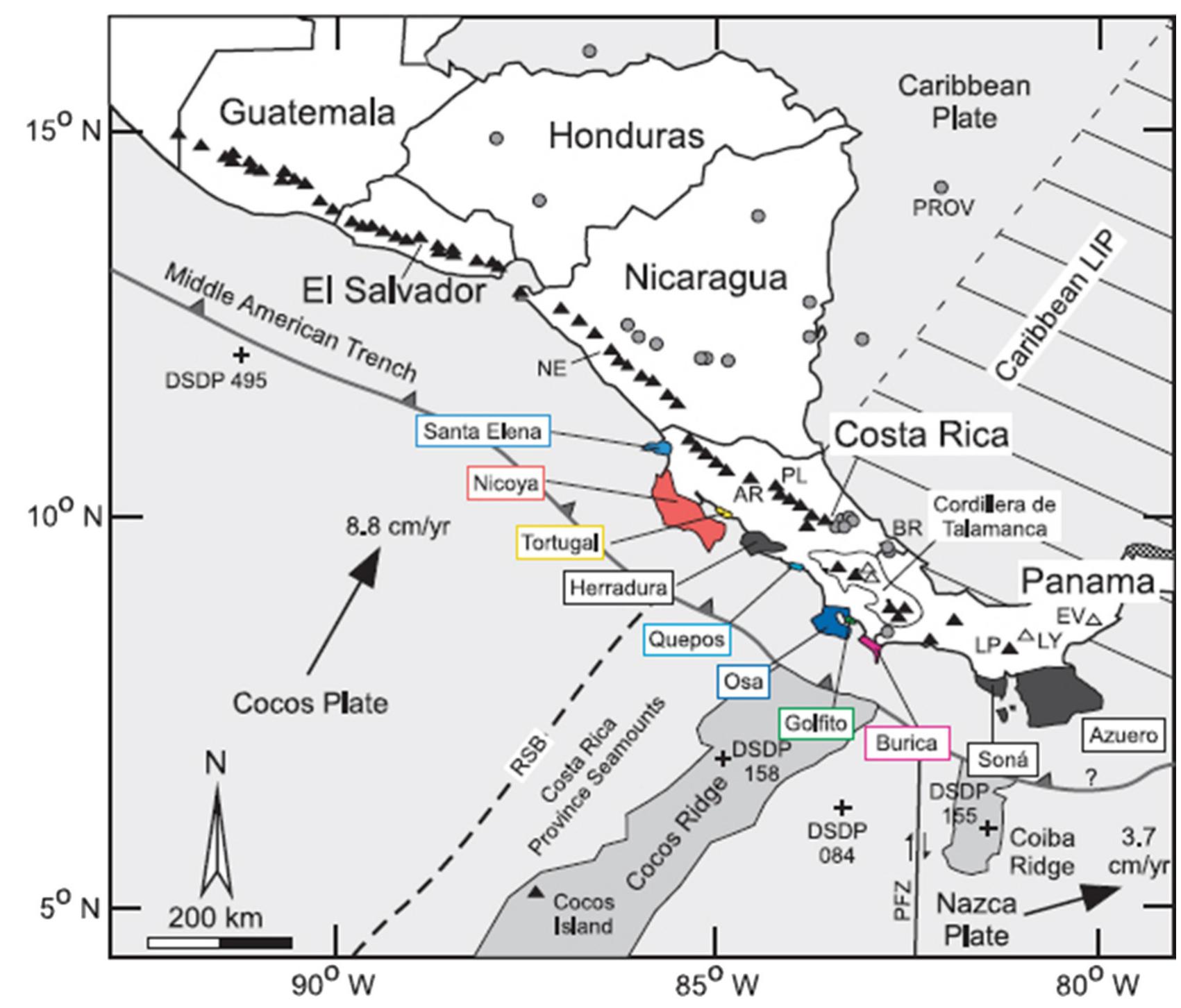 Map of central america showing major tectonic features from