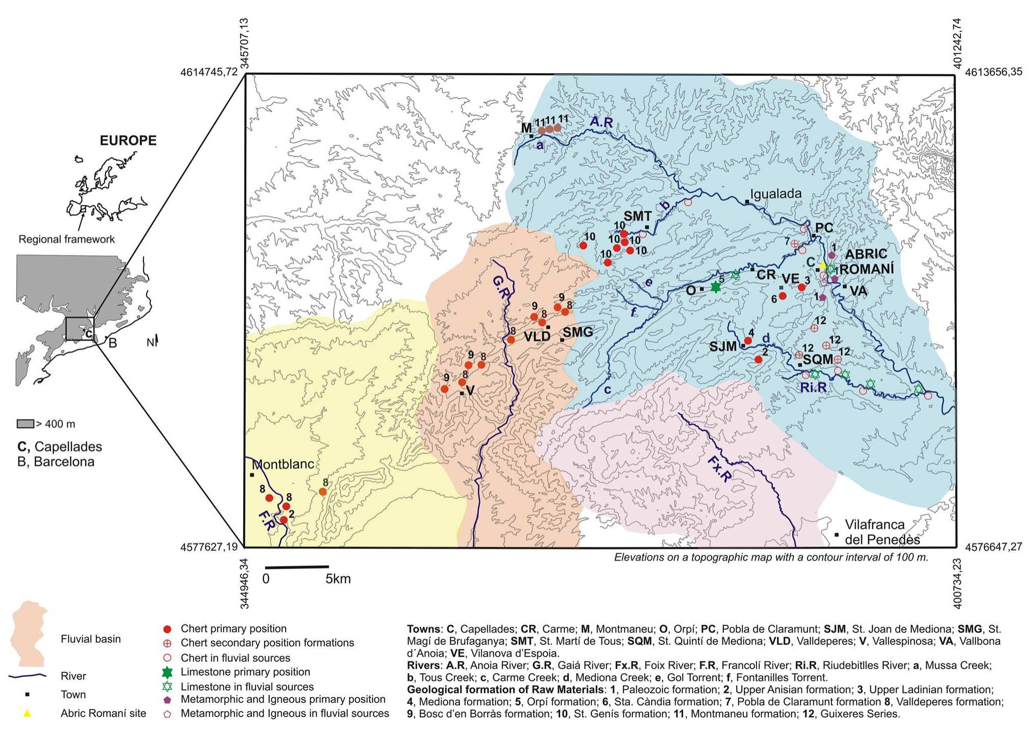 Map showing the distribution of chert, limestone,