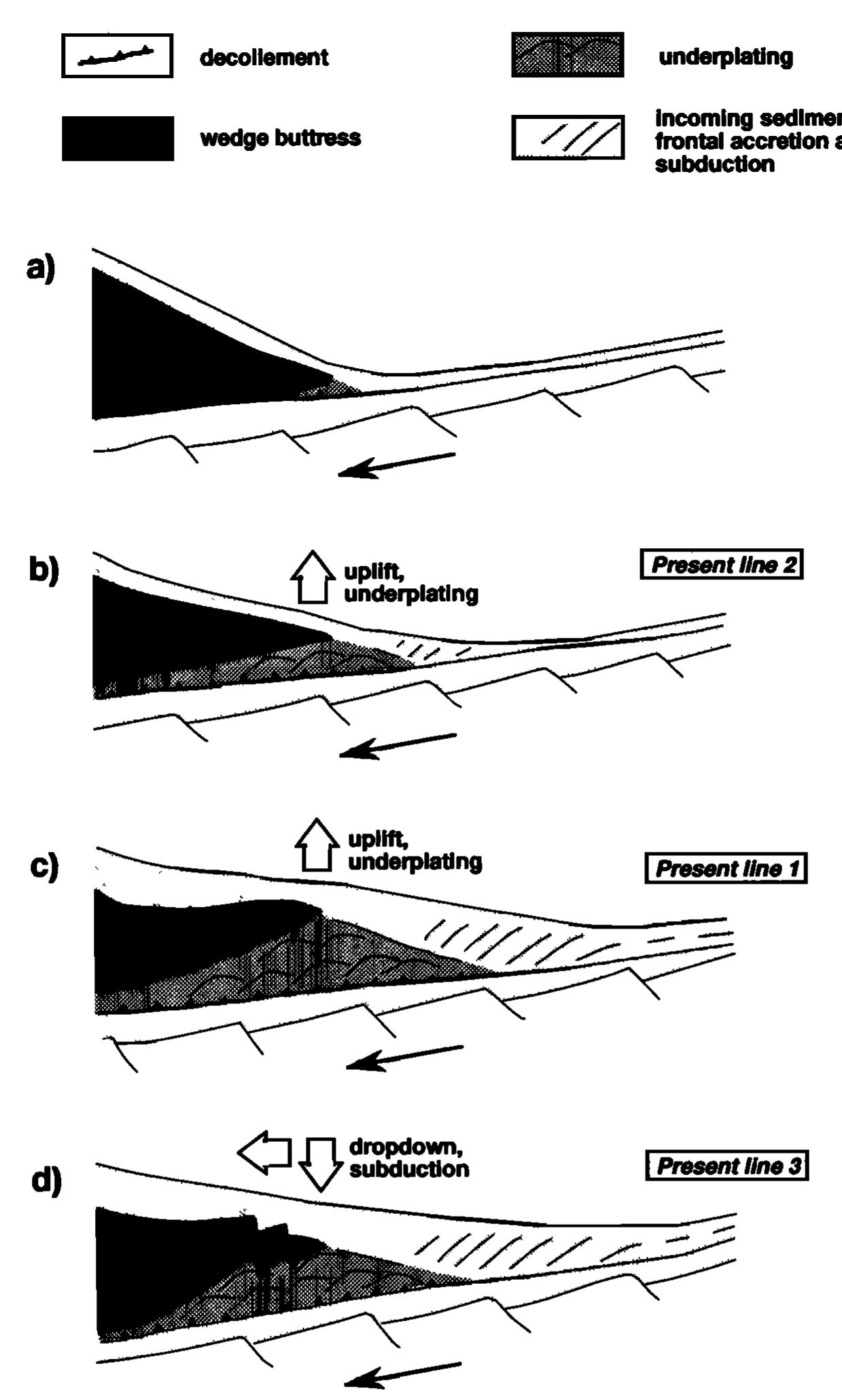 Diagram of tectonic evolution of the lower slope. (a) the