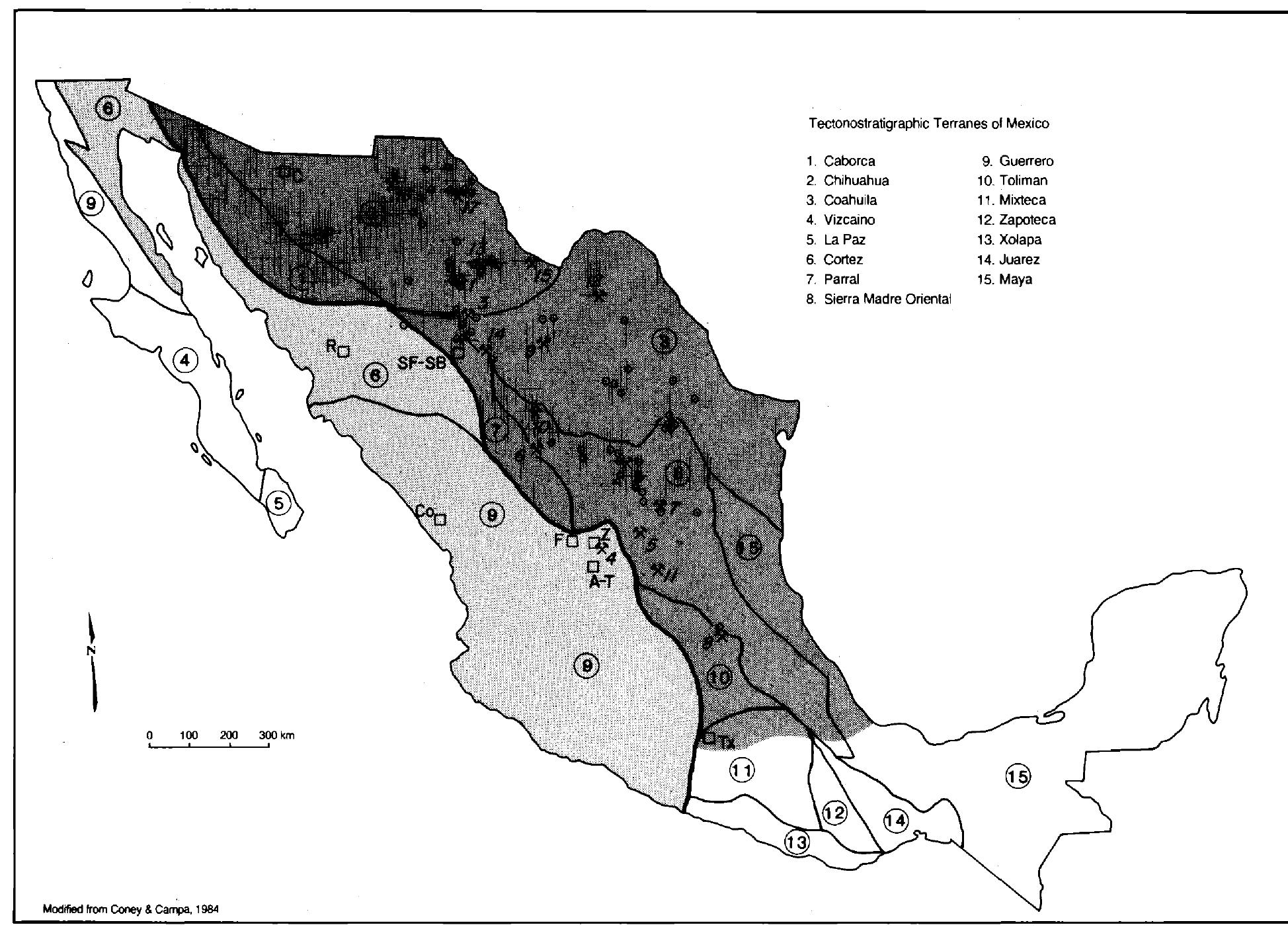 Fic. 2. tectonostratigraphic terrane map of mexico showing